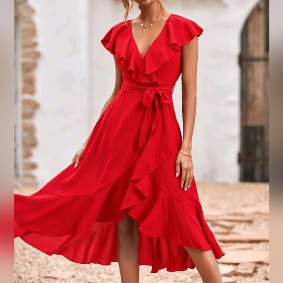 Dresses | New Chic Flowy Ruffle Wrap Tie Midi Dress Red | Poshmark